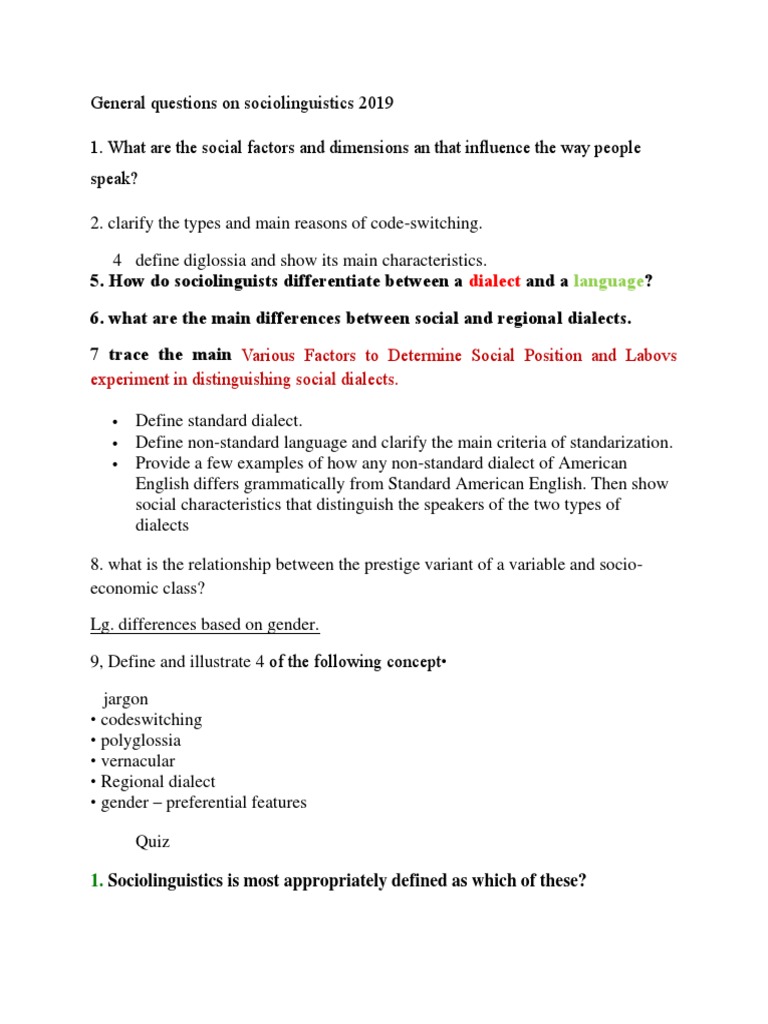 Sociolinguistics Overview and Quiz | PDF | Dialect | Sociolinguistics