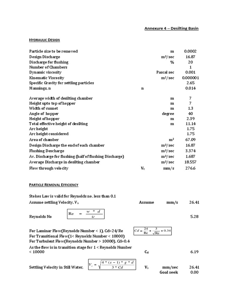 Desilting Basin Calculations | PDF | Reynolds Number | Motion (Physics)
