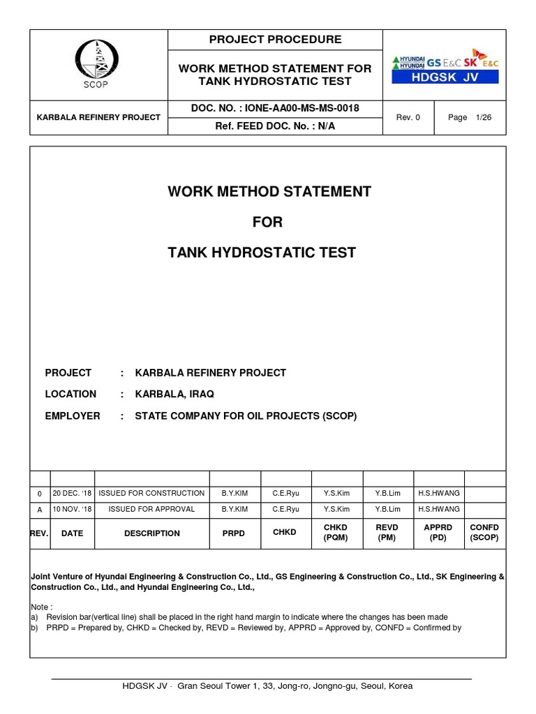 WMS for Tank Hydrostatic Test_Rev.0 | Leak | Pipe (Fluid Conveyance)