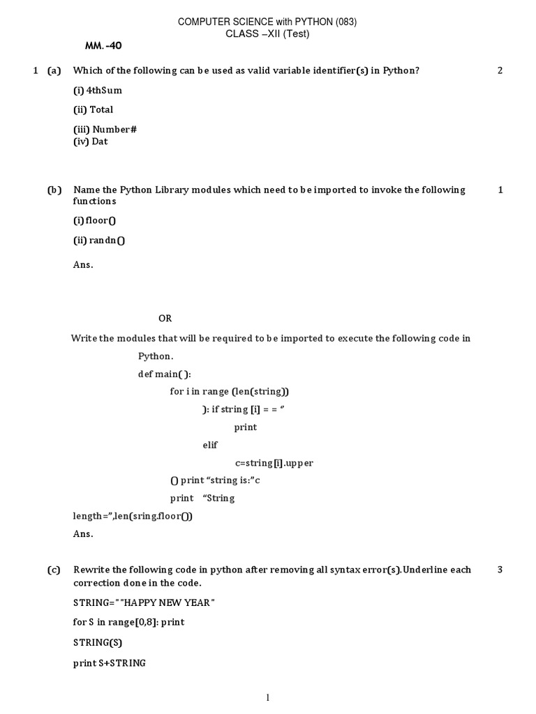 SAMPLE PAPER-II Class XII (Computer Science) HALF YEARLY | PDF | C ...