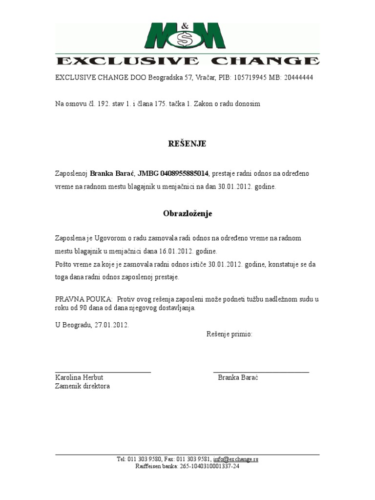 Resenje o Prestanku Radnog Odnosa | PDF