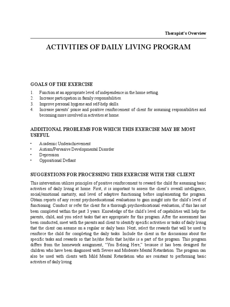 Daily Living Skills Program for Kids | PDF | Intellectual Disability ...