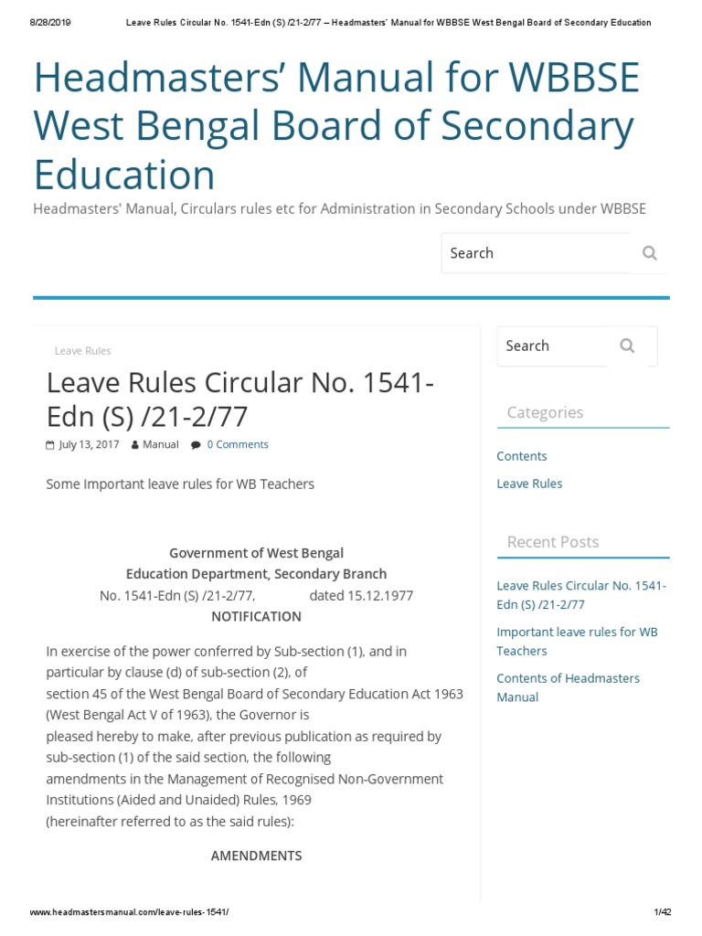 Leave Rules Circular No. 1541-Edn (S) - 21-2 - 77 - Headmasters' Manual ...
