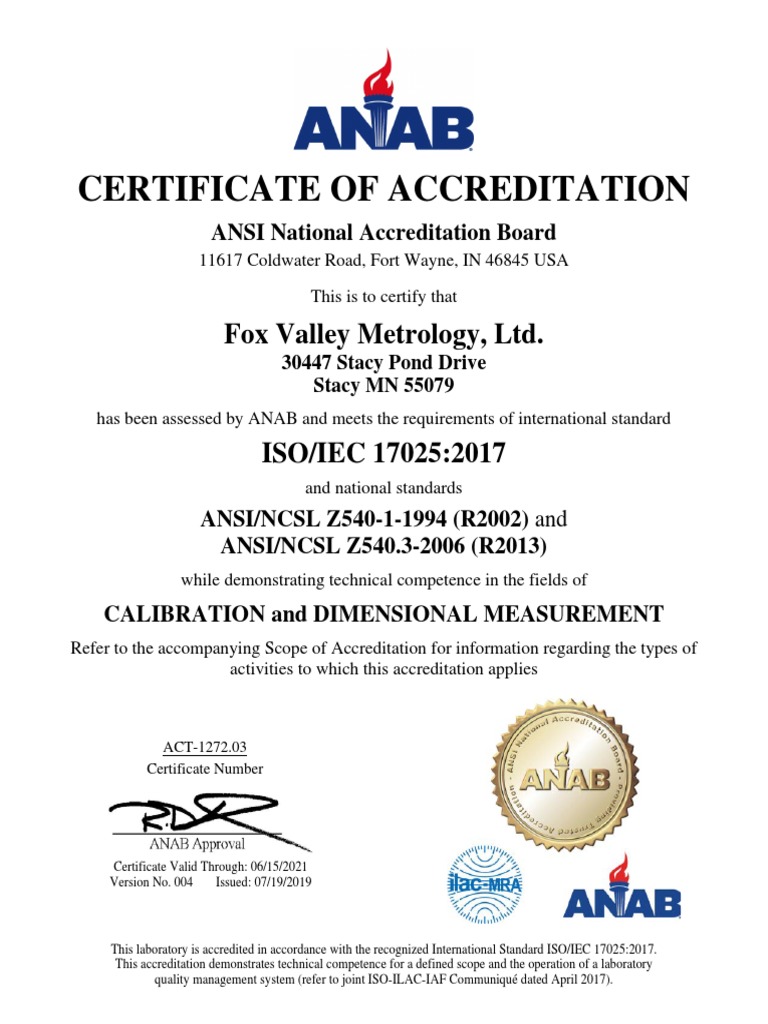 Fox Valley ANAB Certification | PDF | Hertz | Volt