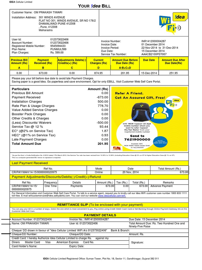 292223645Inr-Idea-Wifi-Bill.pdf | Invoice | Credit Card