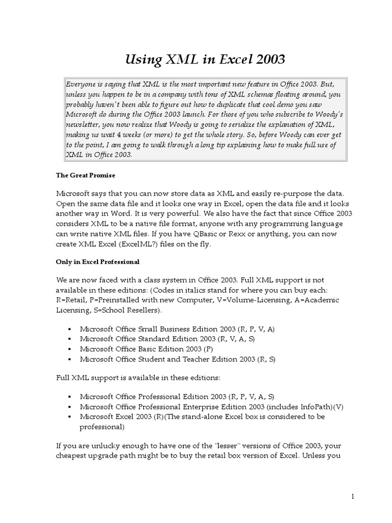 Using XML in Excel 2003 | PDF | Xml Schema | Microsoft Excel