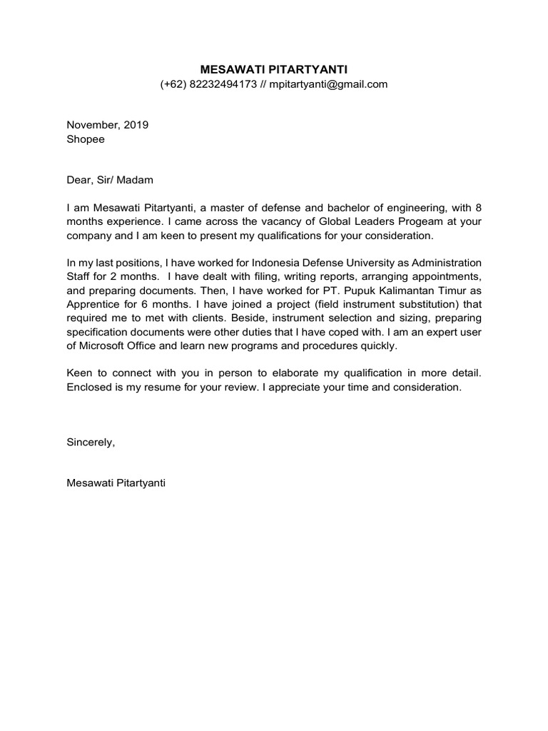 Cover Letter Shopee PDF | PDF | Career & Growth | Business