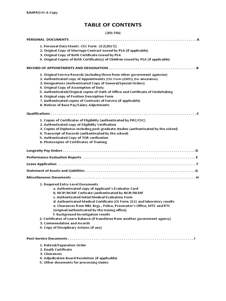 Table of Contents for a BJMPRO IV-A Personnel File | PDF | Justice | Crime & Violence