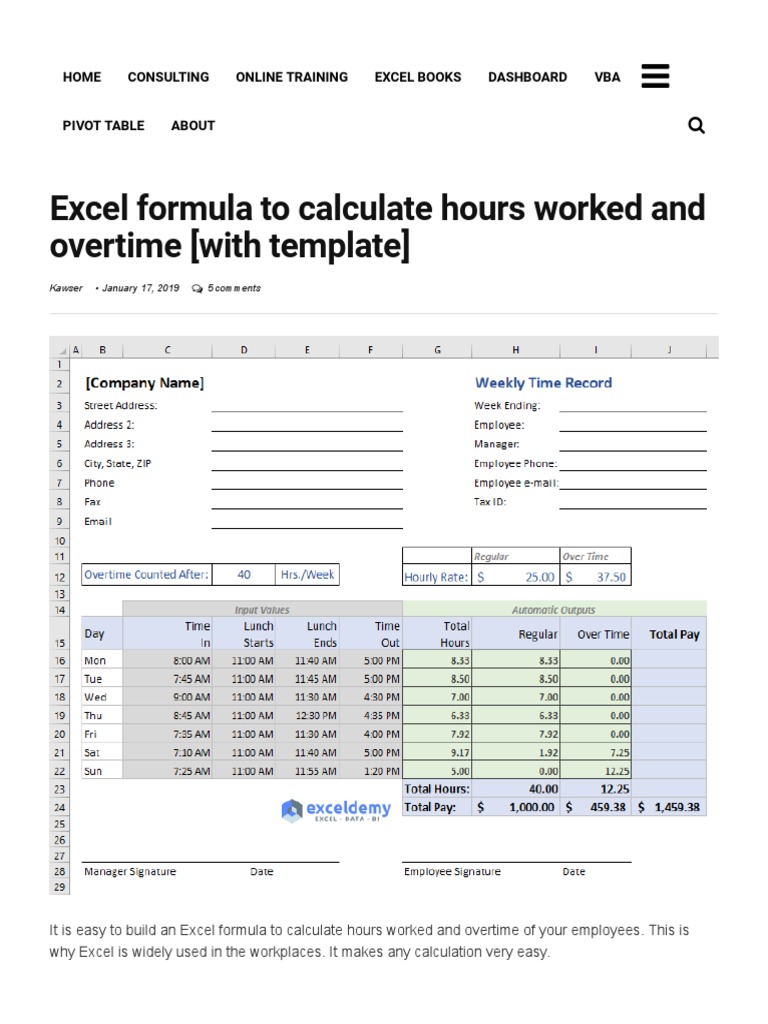 Excel Formula To Calculate Hours Worked and Overtime (With Template ...