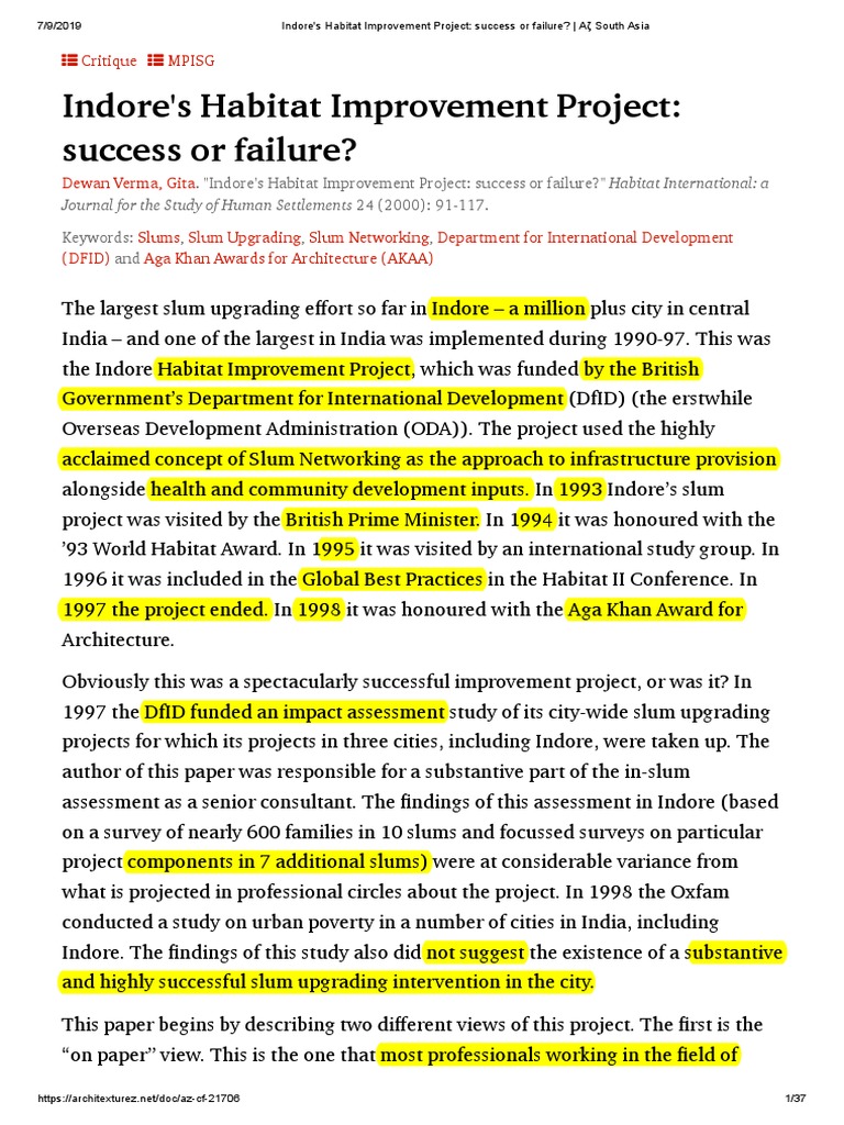 Reasons For Failure of Slum Networking Plan in City Indore | PDF ...