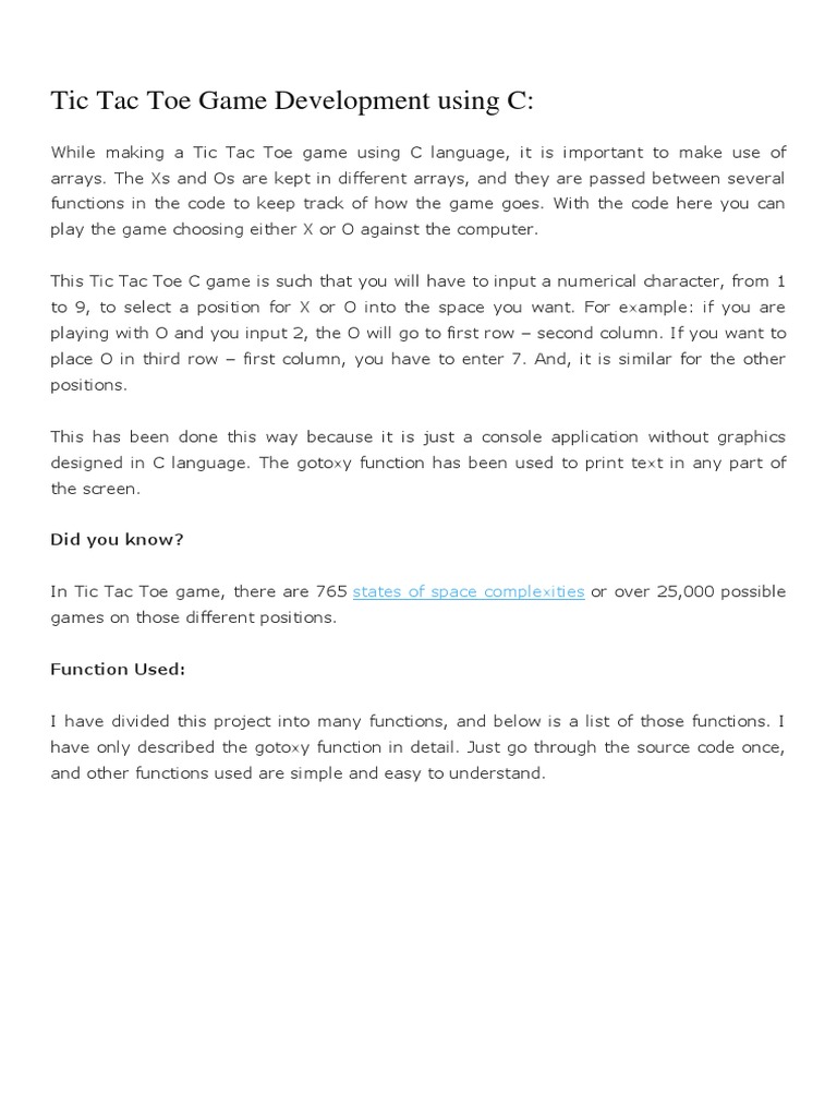 Tic Tac Toe Game Development Using C Pdf C Programming Language Source Code