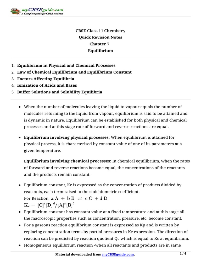 11 Chemistry Notes Ch07 Equilibrium | PDF | Chemical Equilibrium | Acid