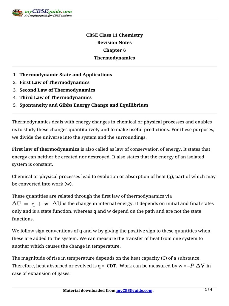 11 Chemistry Notes ch06 Thermodynamics PDF | PDF | Enthalpy | Heat
