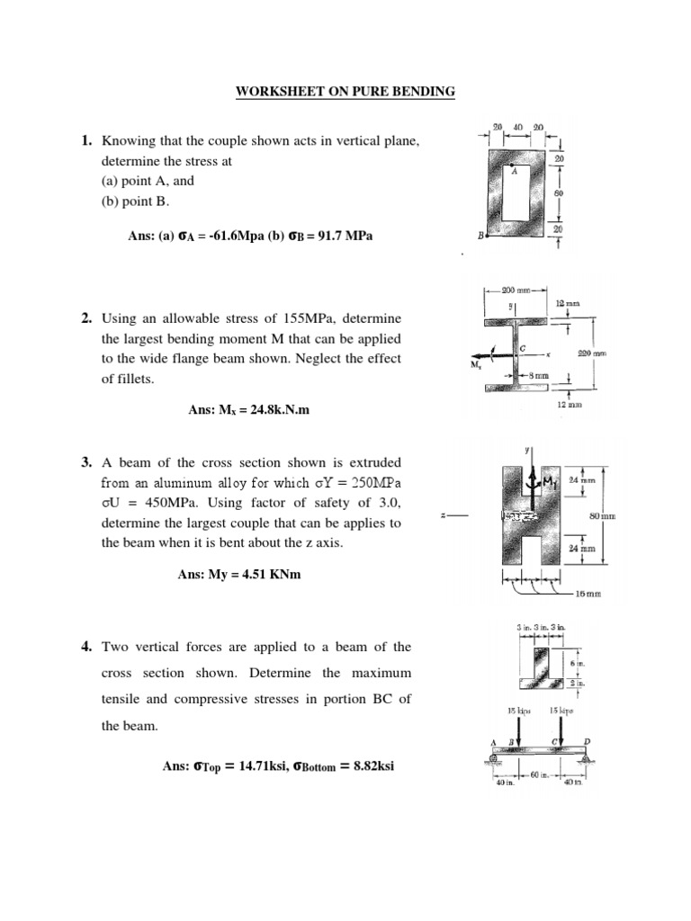 Worksheet On Pure Bending