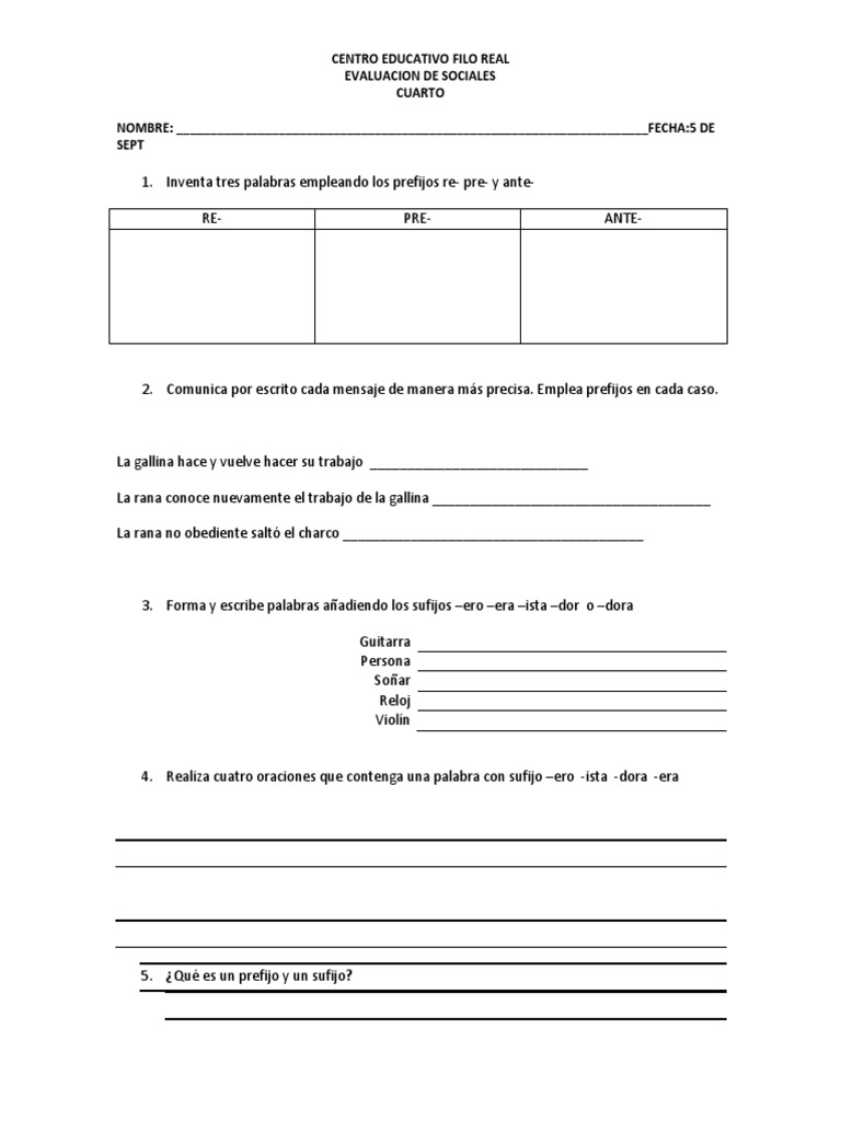 Prefijos y Sufijos Evaluacion - Español | PDF