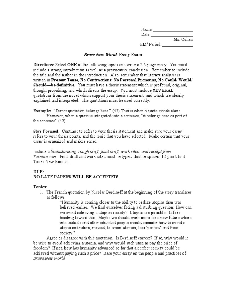 Brave New World Essay Topics | PDF | Utopia | Essays