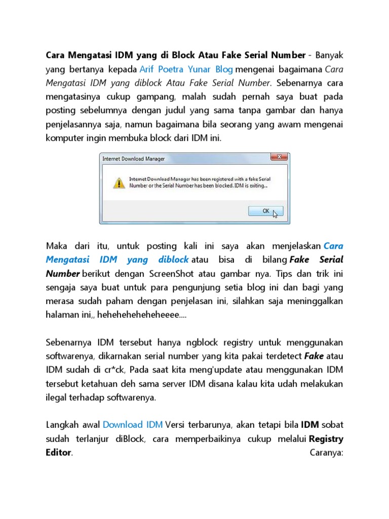 Cara Mengatasi IDM Yang Di Block Atau Fake Serial Number | PDF ...