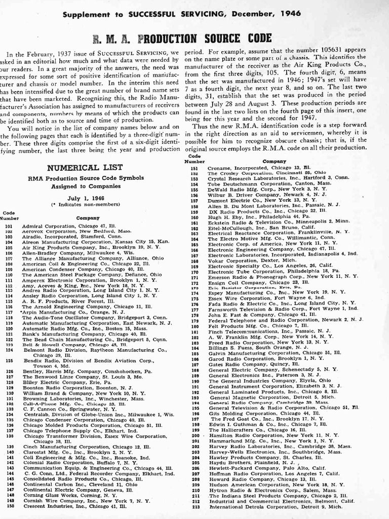 1946 RMA-EIA Codes - 1 July 1946 | PDF