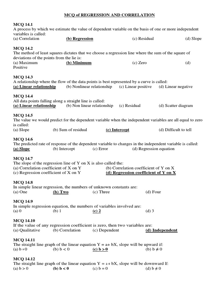 MCQ Regression and Correlation With Correct Answers | PDF | Correlation And Dependence | Errors ...