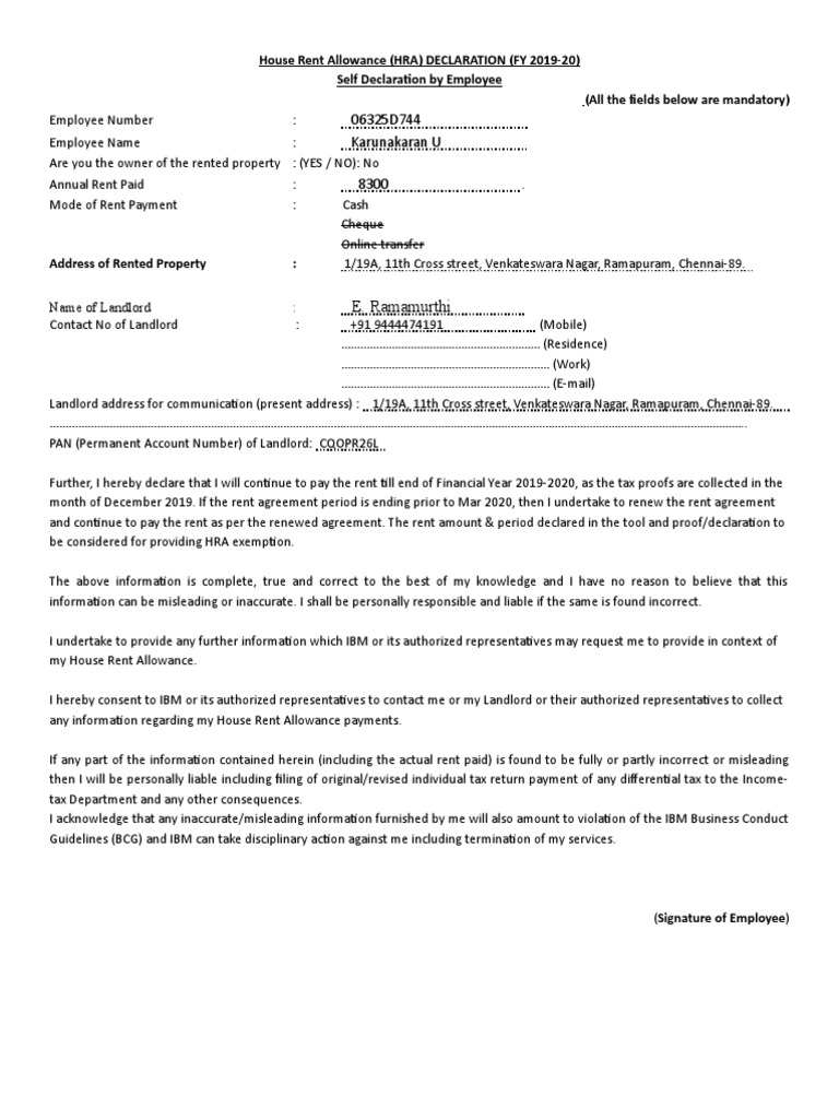 HRA Declaration | PDF | Renting | Government Finances