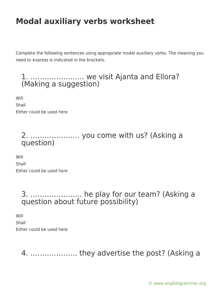 Modal Auxiliary Verbs Worksheet | PDF | Sports & Recreation | Games ...