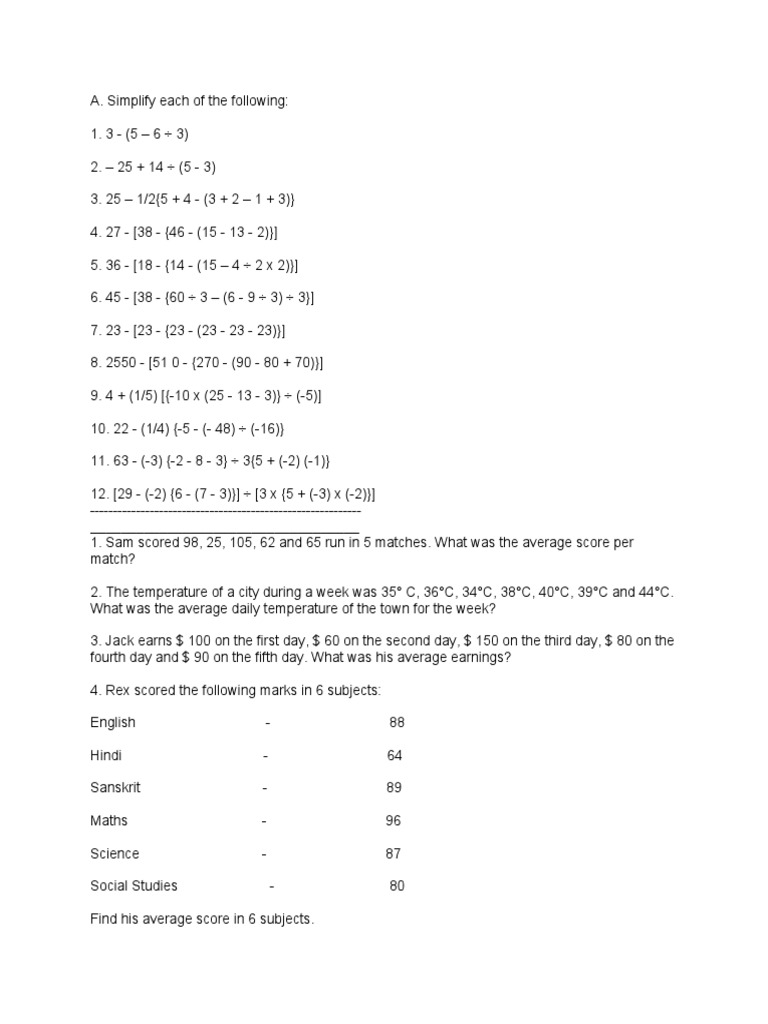 Bodmas and Average Combined Maths Worksheet | PDF
