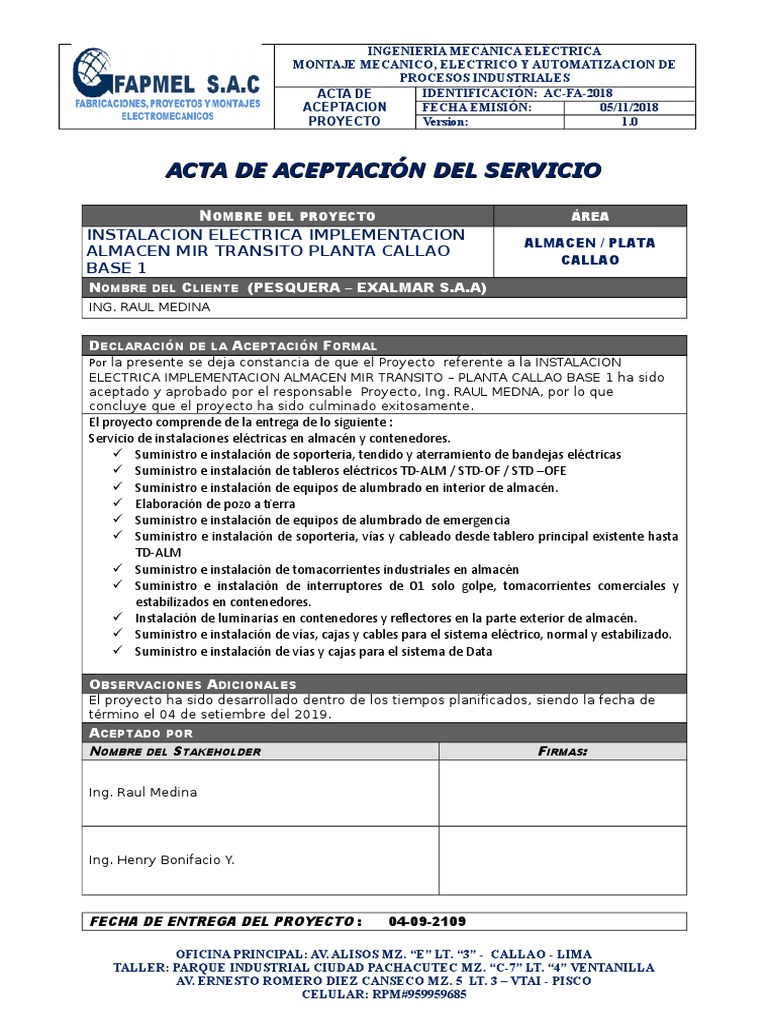 Acta de Aceptacion Del Proyecto | Ingeniería | Tecnología e ingeniería