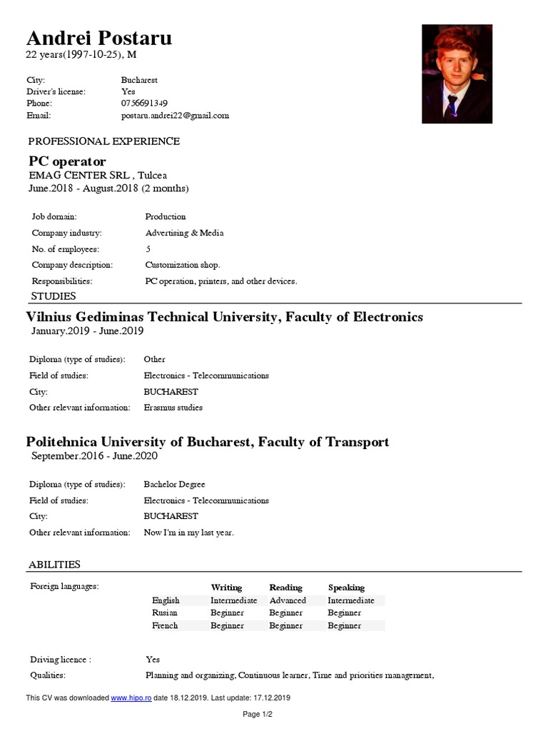 Andrei Postaru CV | PDF | Communication
