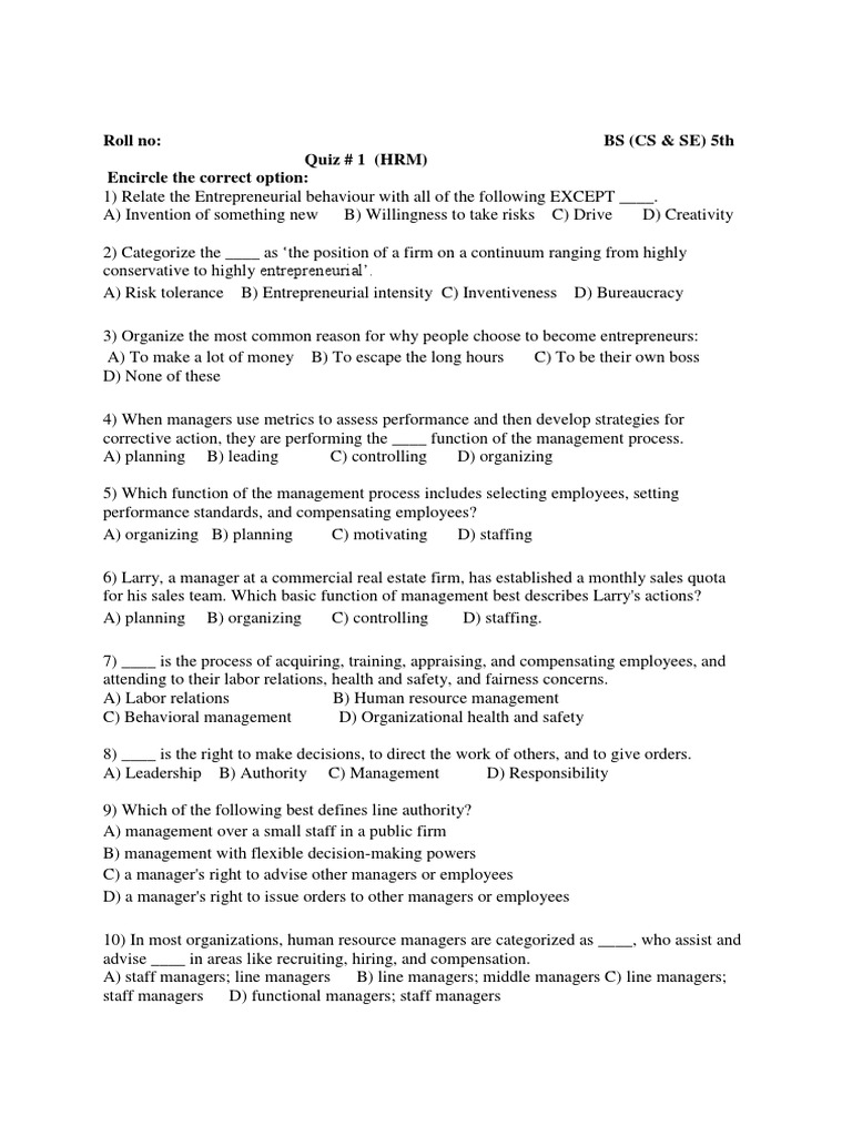 Quiz No 1 (HRM) | PDF | Human Resource Management | Recruitment