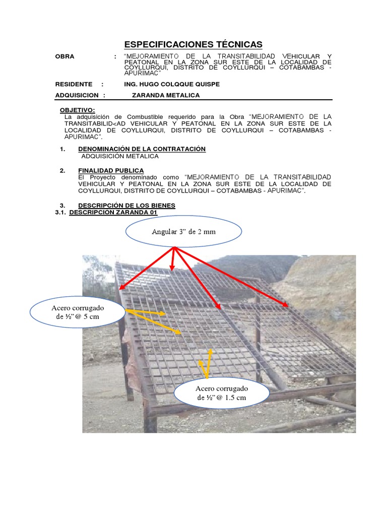 Especificaciones Técnicas Zaranda Metalica | PDF