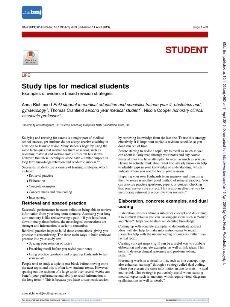 Study Tips For Medical Students | PDF | Recall (Memory) | Memory