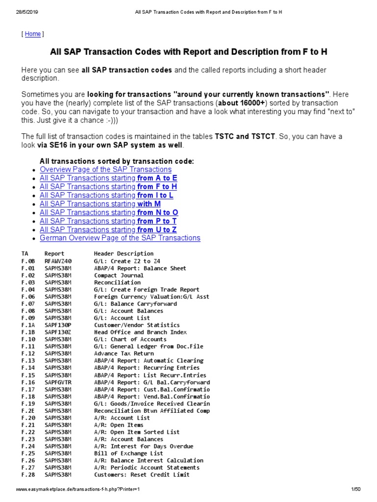 All SAP Transaction Codes With Report and Description From F To H | PDF ...