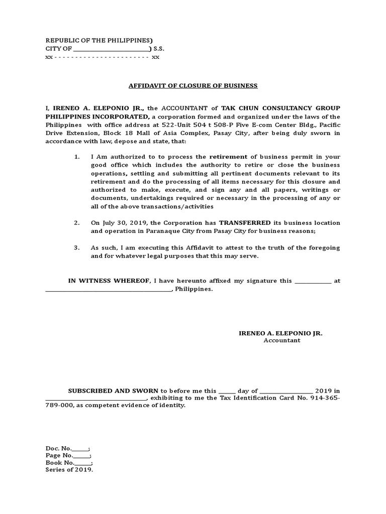 Notarized AFFIDAVIT OF CLOSURE - TCC | PDF | Business | Finance & Money ...