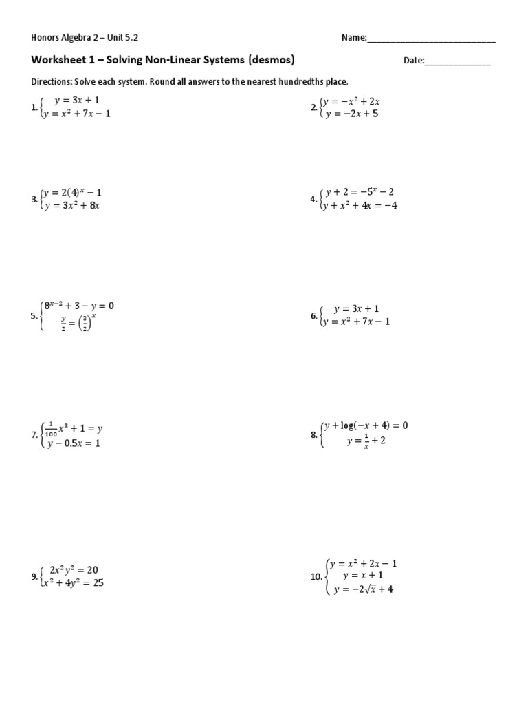 Unit 5.2 Worksheets 1 and 2 - Solving Non-Linear Systems W Technology ...