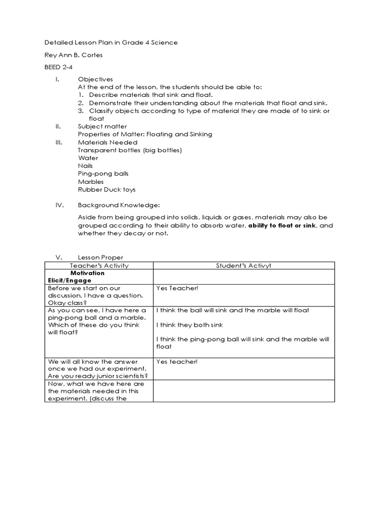 Detailed Lesson Plan in Grade 4 Science | PDF | Lesson Plan | Sink