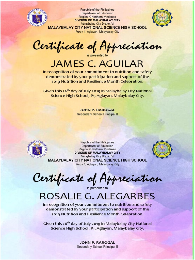 Nutrition Month 2019 Certificate | PDF | Philippines | Schools