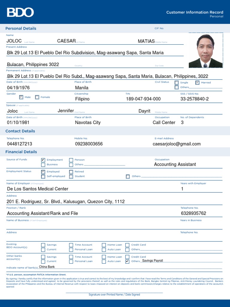 BBG-CIR-Personal-09-06-2017 (BDO Open Account Form) PDF | PDF | Credit ...