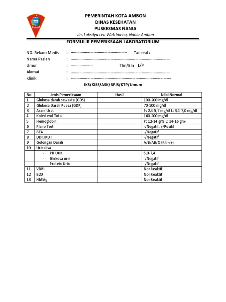 Formulir Pemeriksaan Laboratorium | PDF