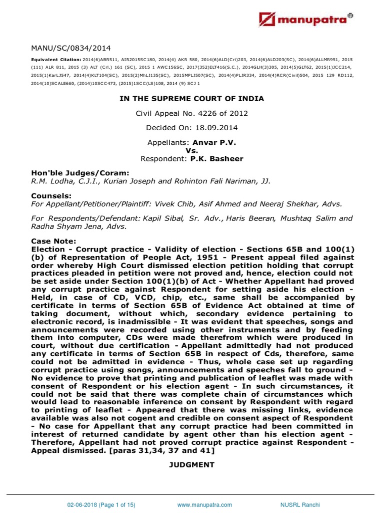Anvar PV Vs PK Basheer 18092014 SCs140825COM199666 | PDF | Burden Of ...