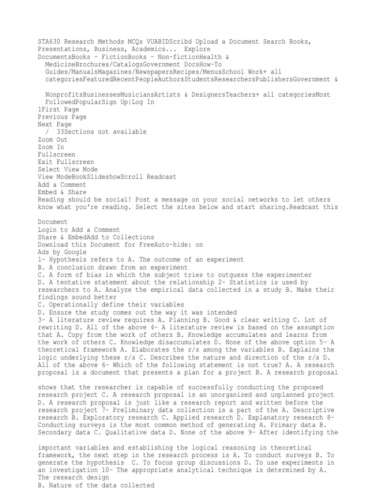 STA630 Research Methods MCQs VUABID | PDF | Validity (Statistics ... STA630 Research Methods MCQs VUABID | PDF | Validity (Statistics ...