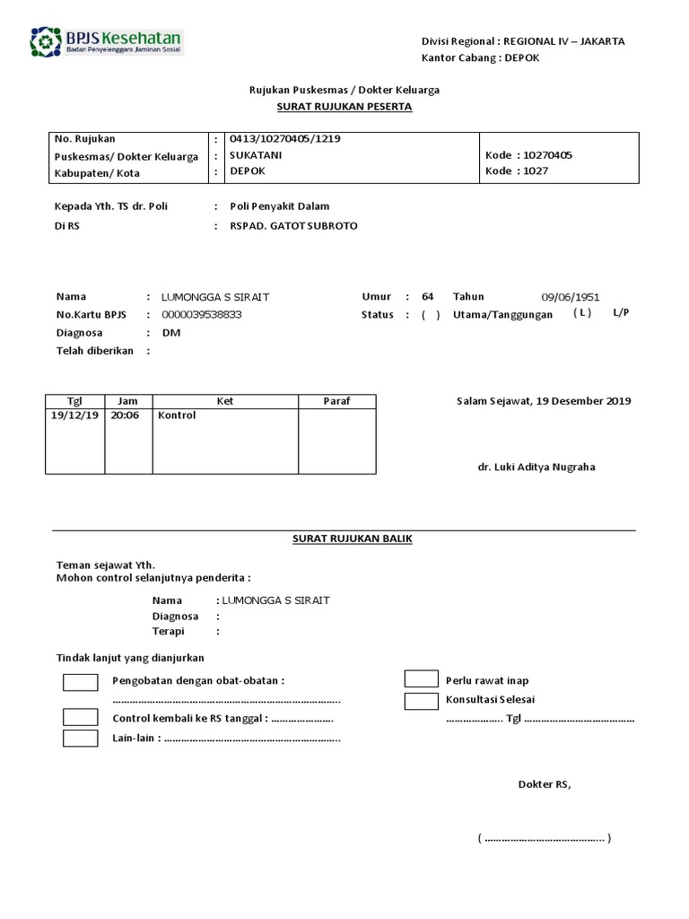 Contoh Surat Rujukan BPJS | PDF