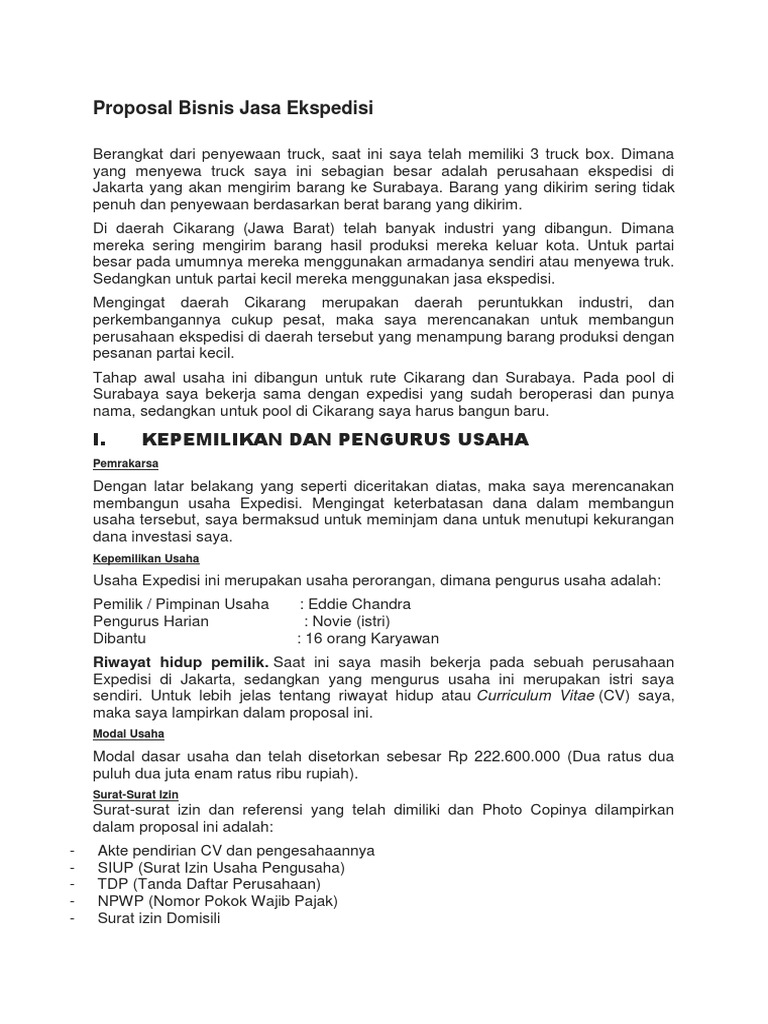 Proposal Pendanaan Bisnis Jasa Ekspedisi | PDF