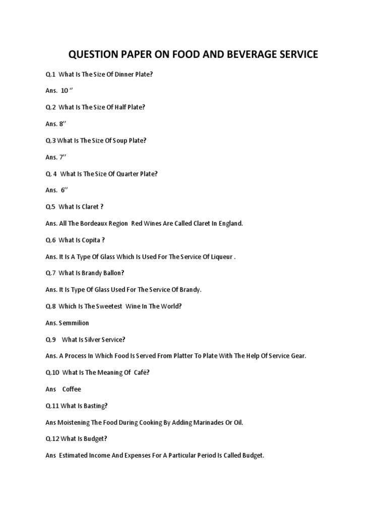 Question Paper Food and Beverage Service PDF | Download Free PDF | Food ...