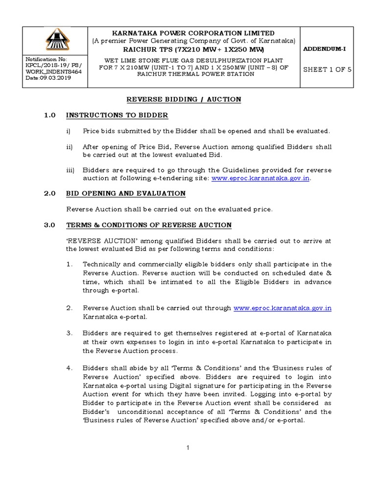 1.6 KPCL - FGD - Addendum-I-For Reverse Action Rtps | PDF | Auction ...