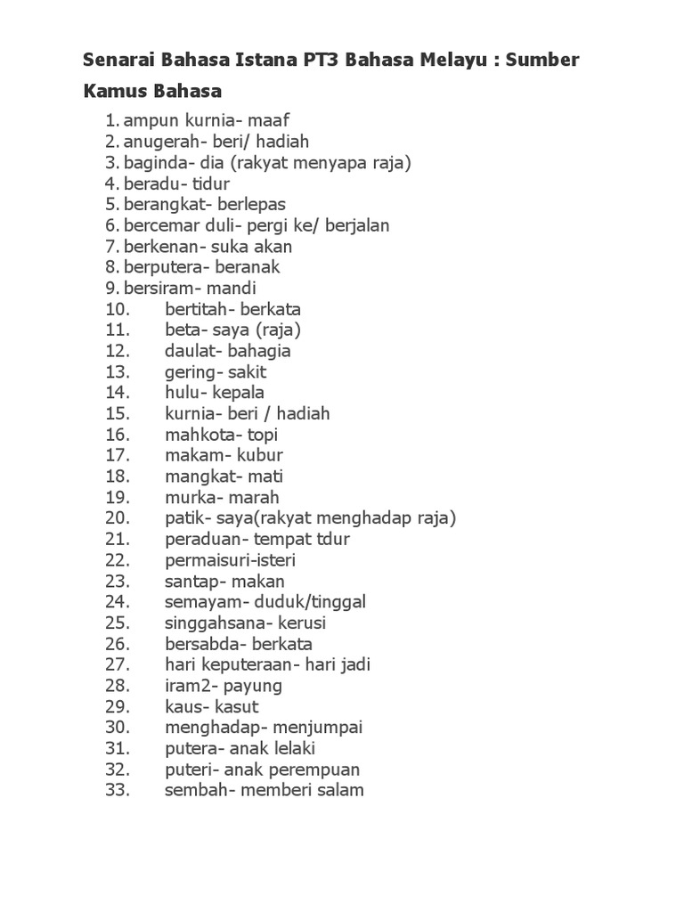 Senarai Bahasa Istana PT3 Bahasa Melayu | PDF