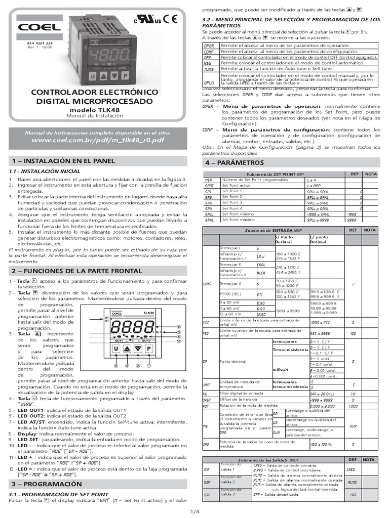 Manual de Instrucciones TLK48 - r1 | PDF | Sensor | Par termoeléctrico