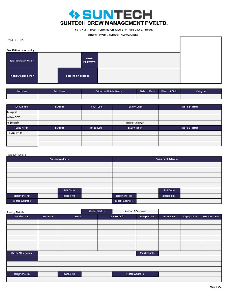 Suntech Ship MGMT Employment Form | PDF | Oil Tanker | Shipping