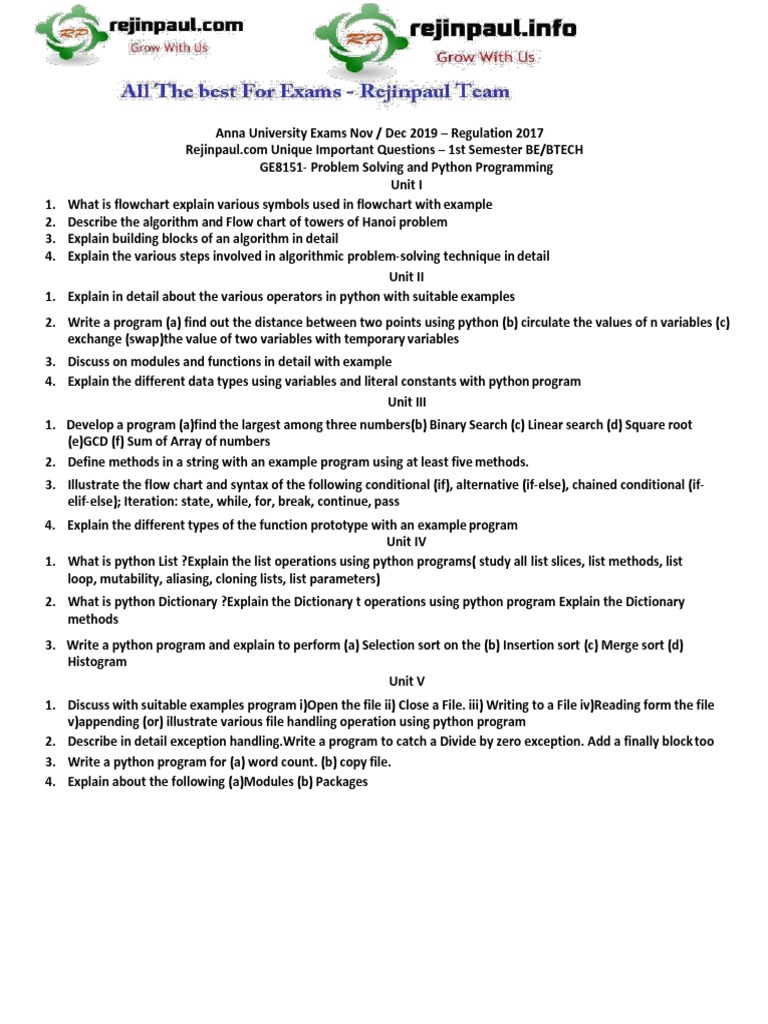 Ge8151 PSPP ND 2019 Rejinpaul | PDF | Algorithms | Python (Programming Language)