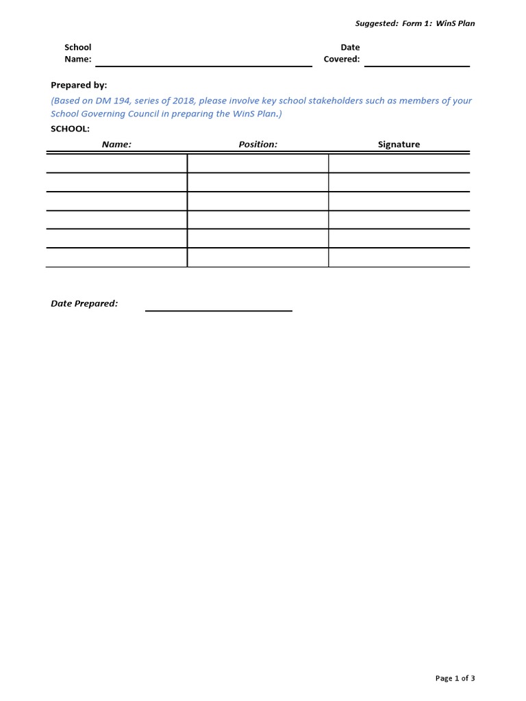 Form 1 WinS School WinS Plan Template | PDF | Sanitation | Economies