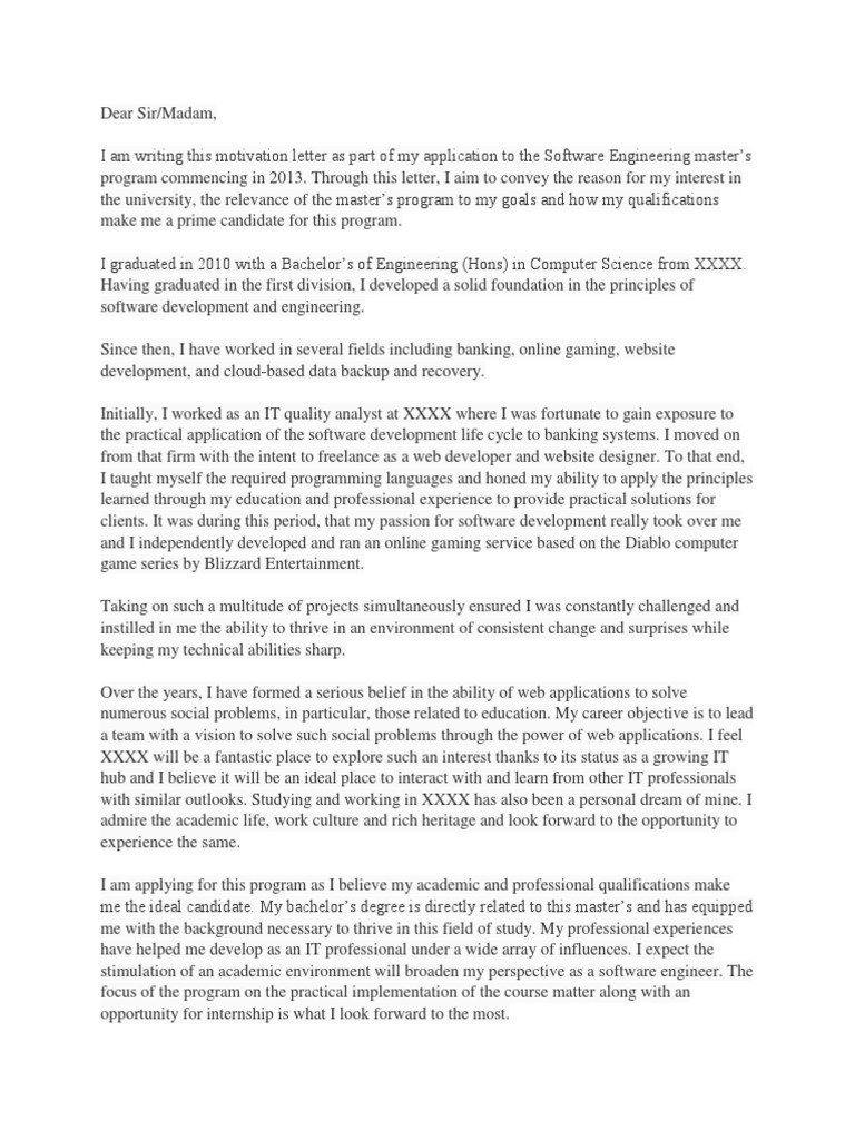 Motivation Letter Sample For MS | PDF | Software Development | Master's ...